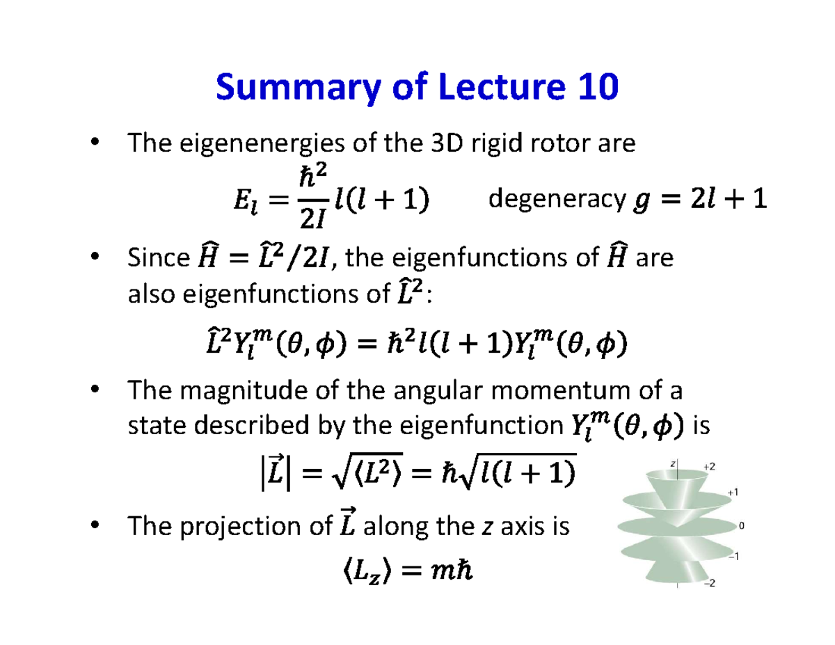 Lecture Summary 10 - Notes - Summary of Lecture 10 The eigenenergies of ...