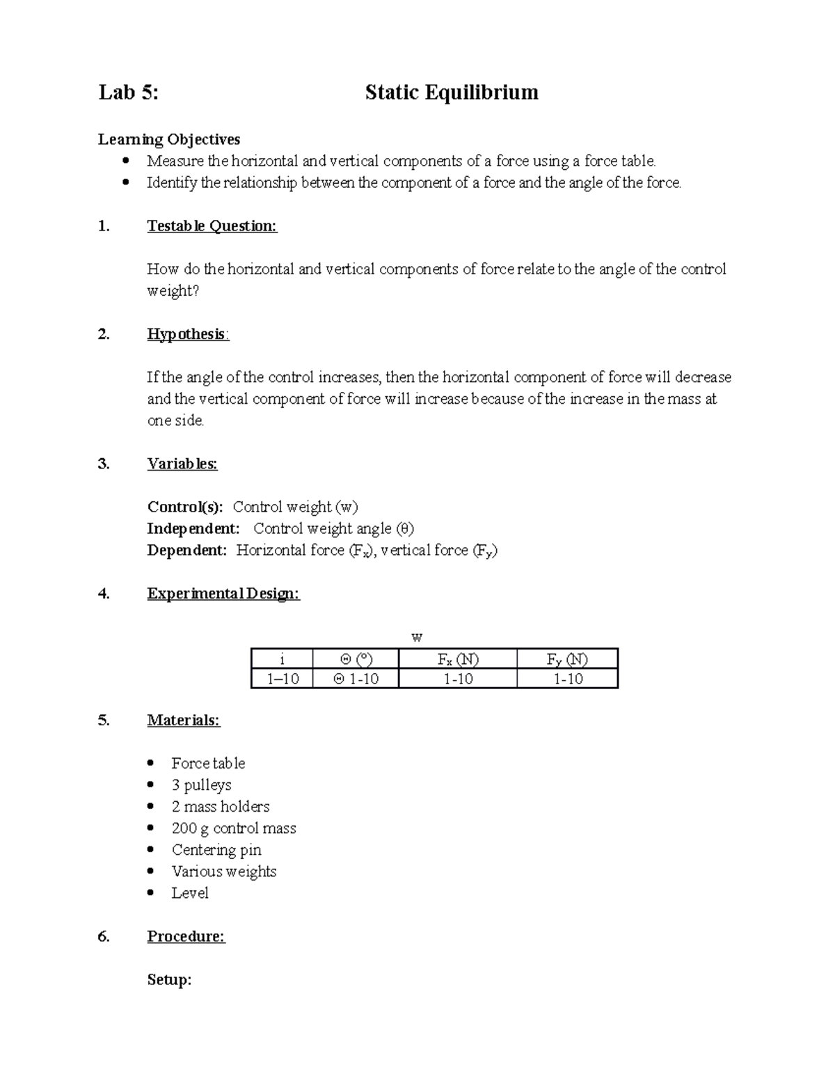 PHY111L Lab 5 Static equilibrium 3 - Lab 5: Static Equilibrium Learning ...