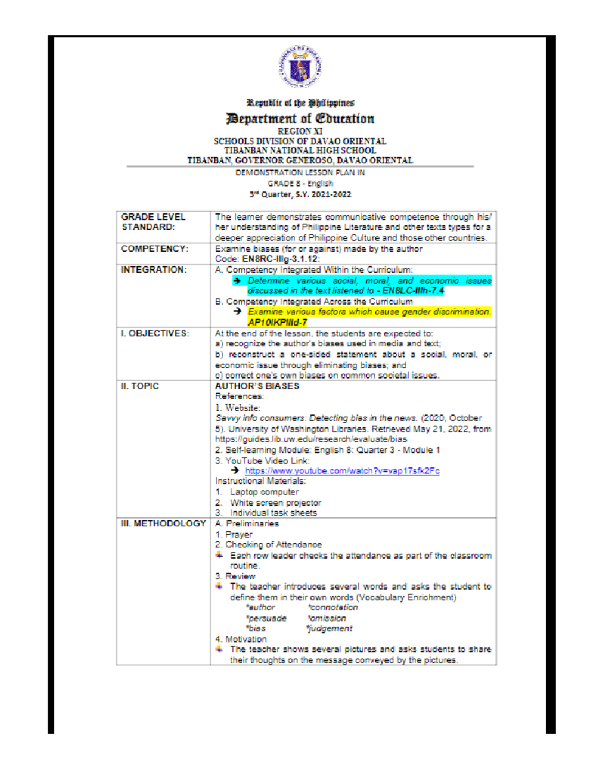 English 8 quarter 3 week 1 lp - Secondary Education Major in English ...