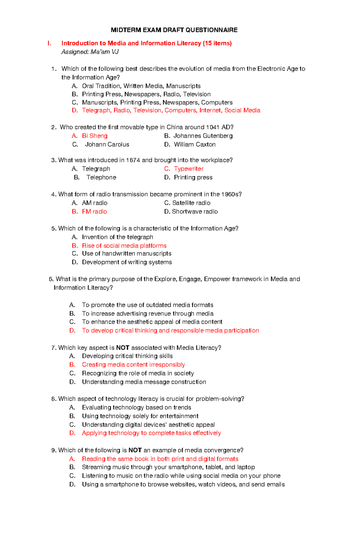 Draft MIL 101 Midterm Exam 24-25 - MIDTERM EXAM DRAFT QUESTIONNAIRE I. Introduction to Media and ...