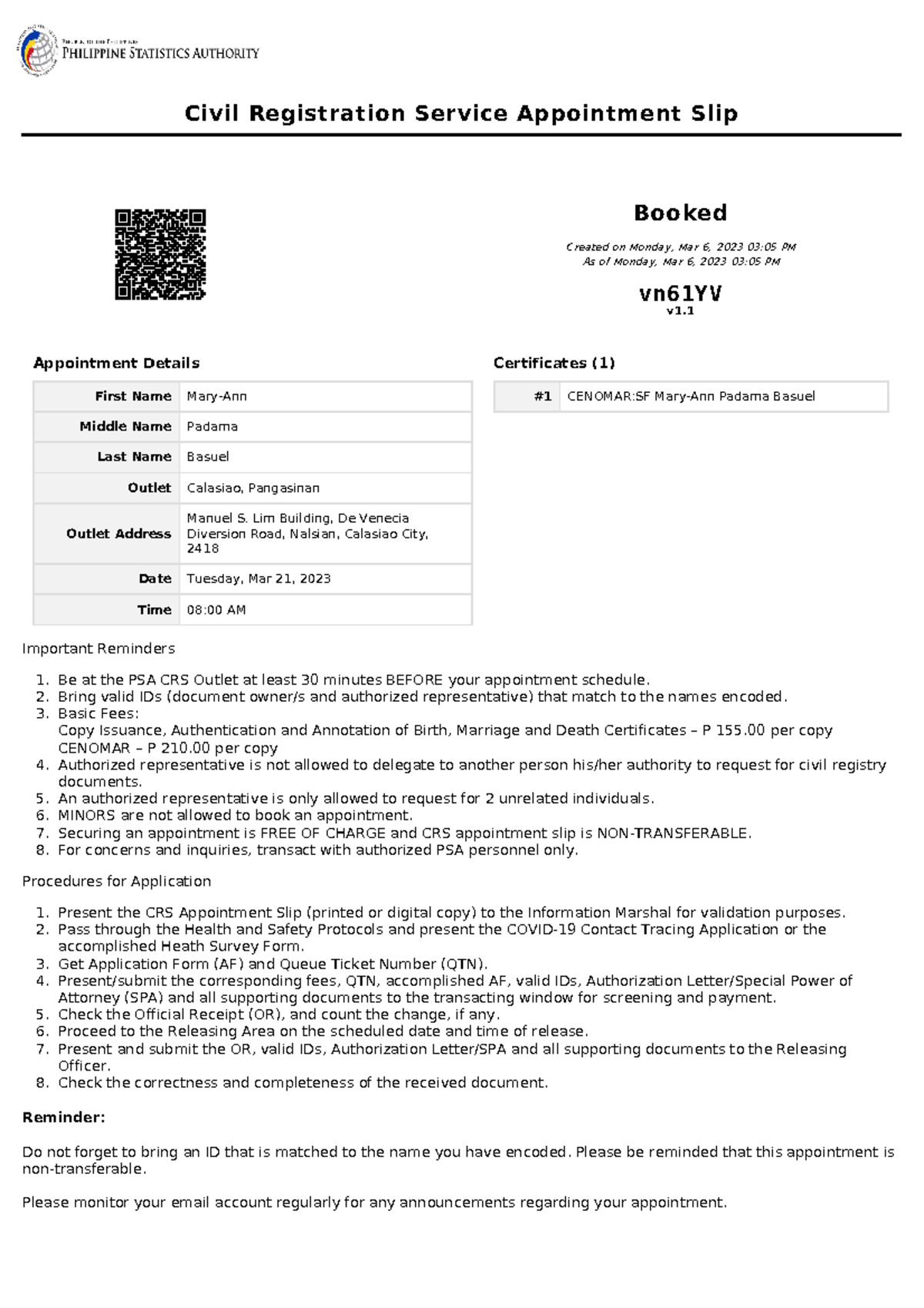 Vn61YV - Philippines - Civil Registration Service Appointment Slip ...