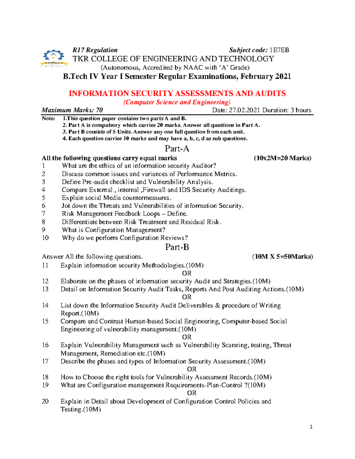 Ispaper - paper to practice - 1 R17 Regulation Subject code: 1E7EB TKR ...