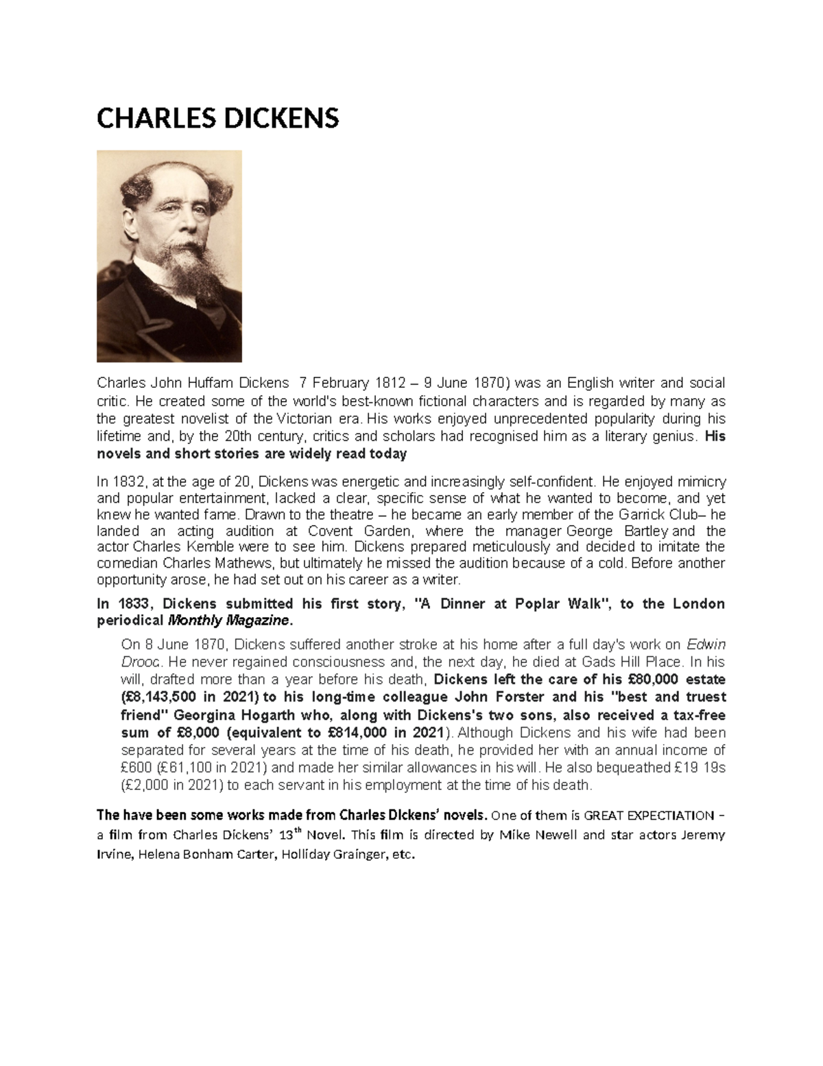Charles- Dickens - CHARLES DICKENS Charles John Huffam Dickens 7 ...