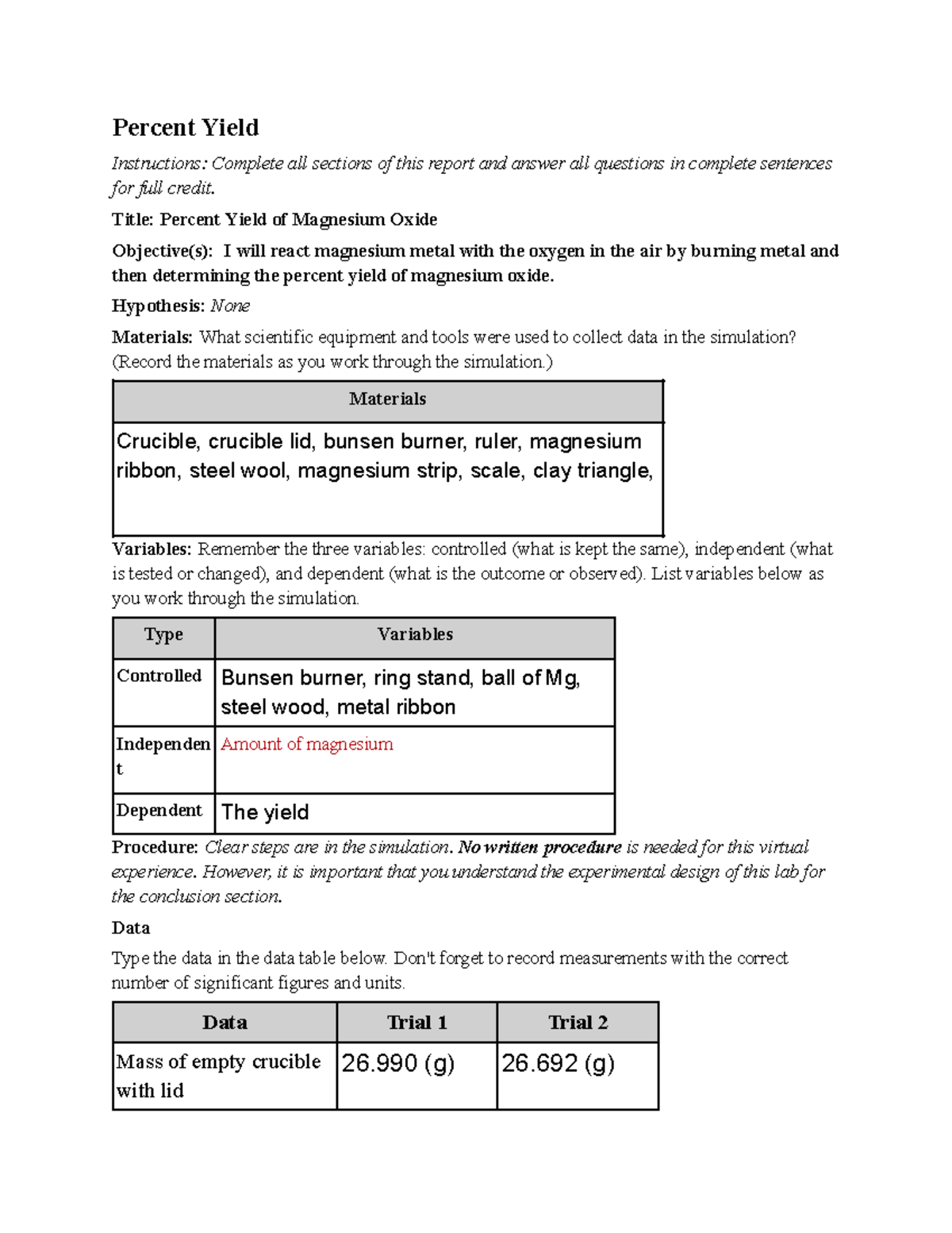 Chemistry Honors 5.07 - Percent Yield Instructions: Complete all ...