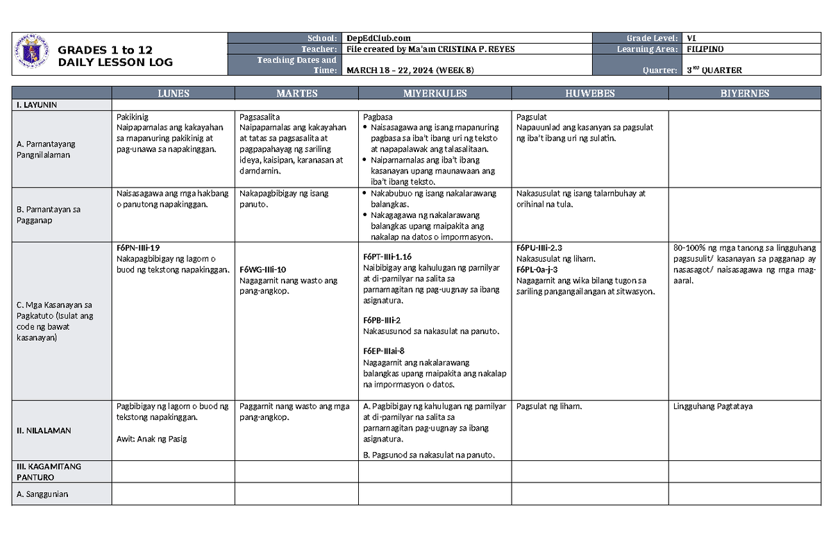 DLL Filipino 6 Q3 W8 - GRADES 1 to 12 DAILY LESSON LOG School: DepEdClub Grade Level: VI Teacher ...