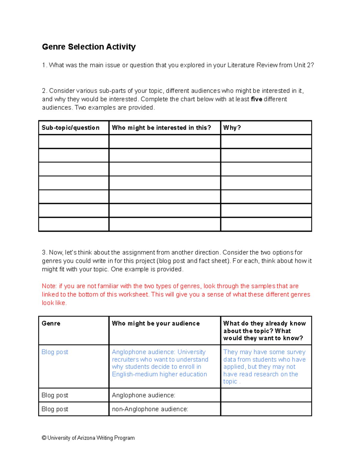 Genre Selection Activity - What was the main issue or question that you ...