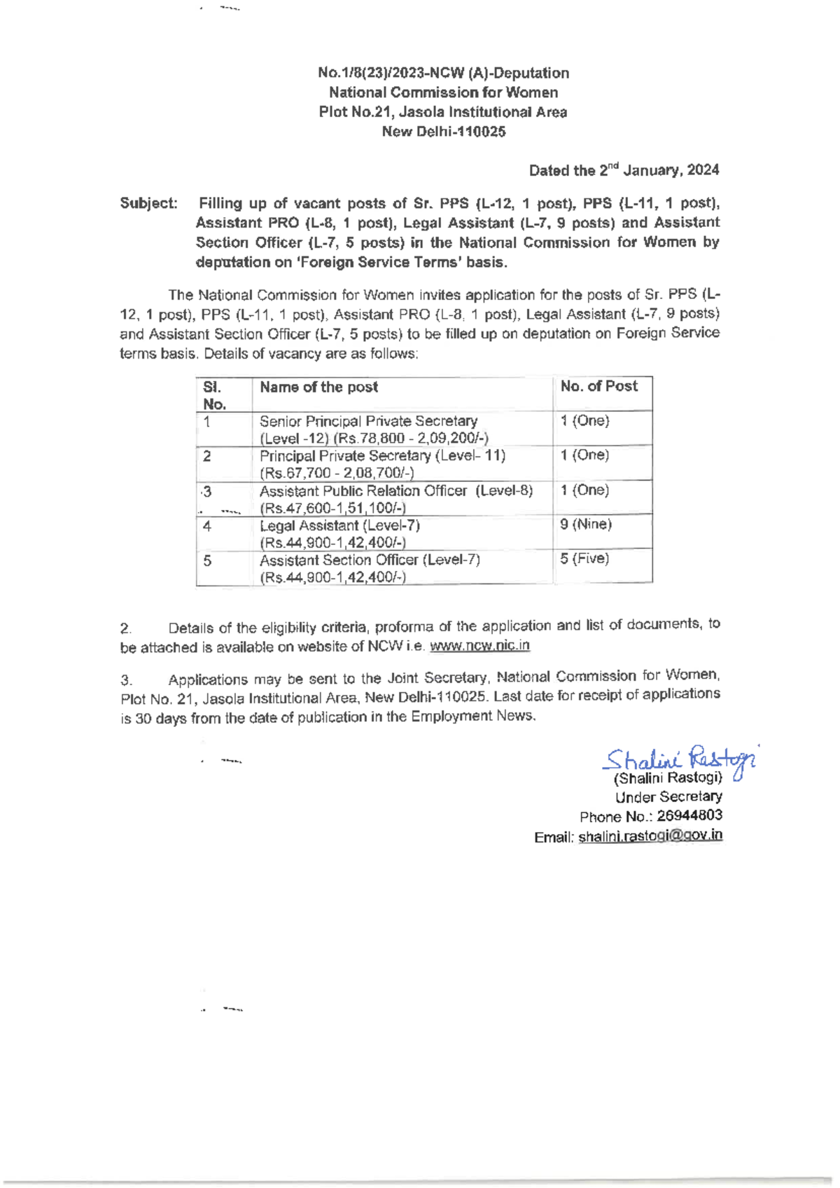 Advertisemnt Deputation - National Commission for Women Plot No, Jasola ...