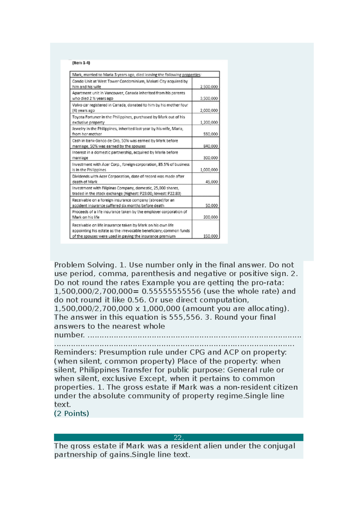 Quiz 3 - TAX - Problem Solving. 1. Use number only in the final answer ...