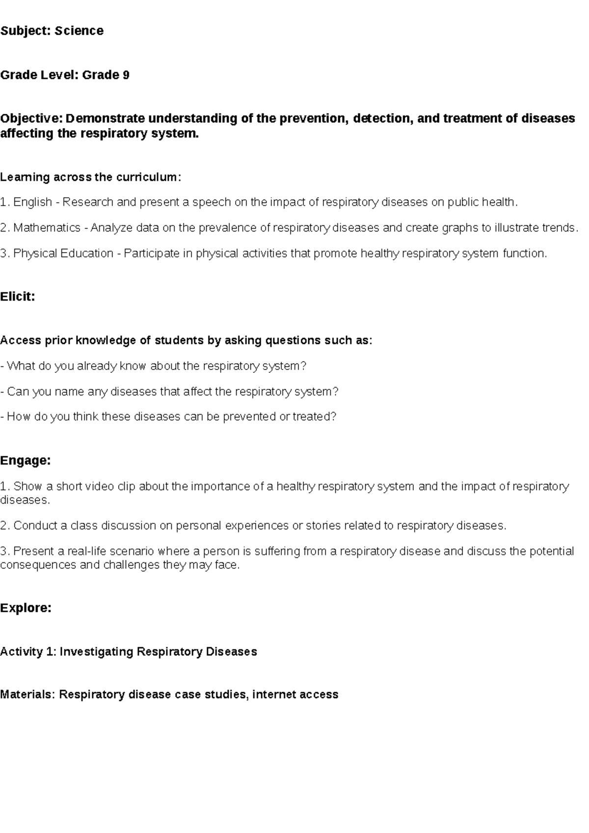 Lesson Plan in Science 9 - Diseases of the Respiratory System - Subject ...
