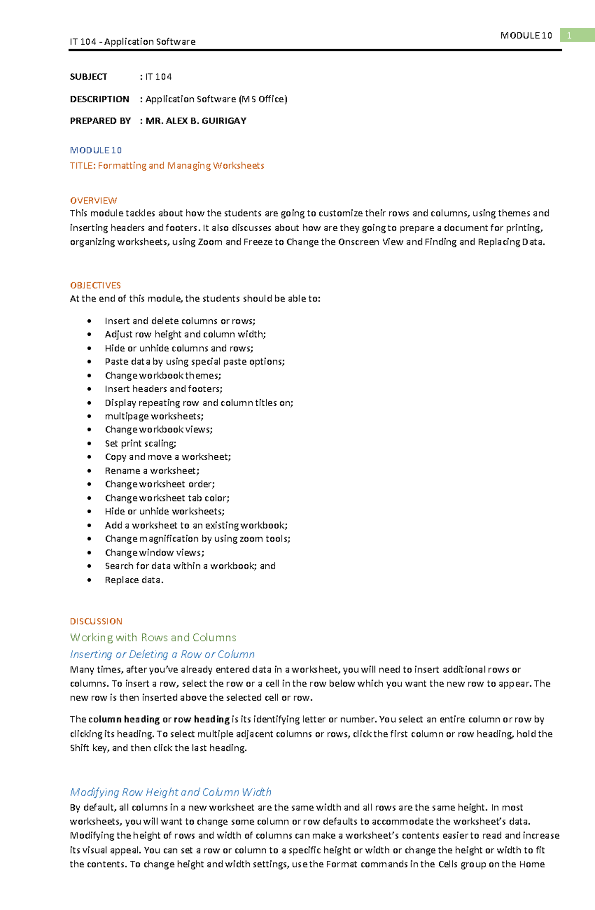 IT 104 - Application Software Module 10 - SUBJECT : IT 104 DESCRIPTION ...