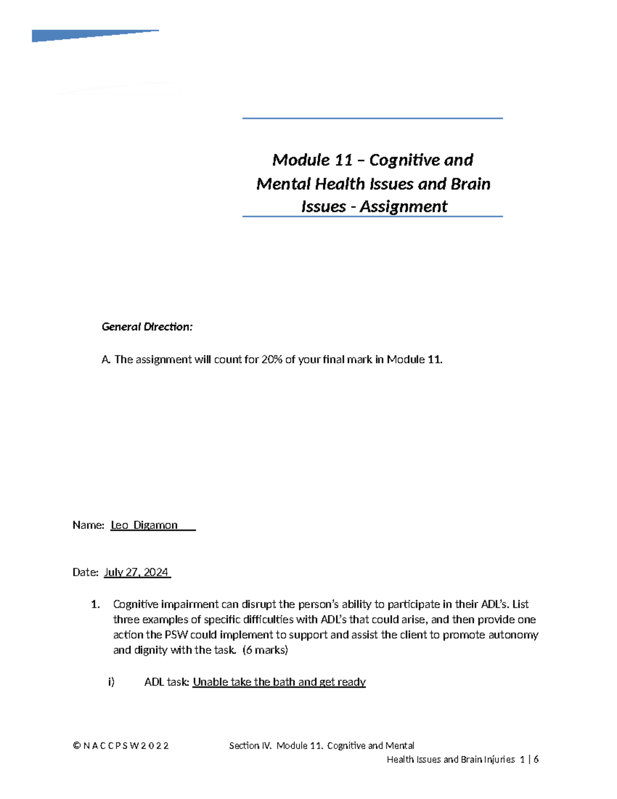 Assignt - Module 11 Cognitive Impairment-I - Module 11 – Cognitive and ...