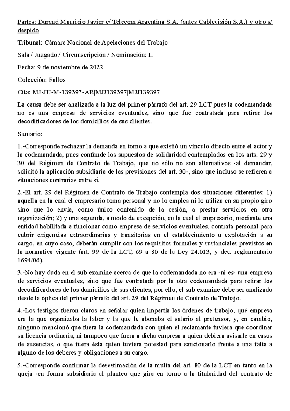 Durand Telecom - Fallos de la corte - Partes: Durand Mauricio Javier c ...