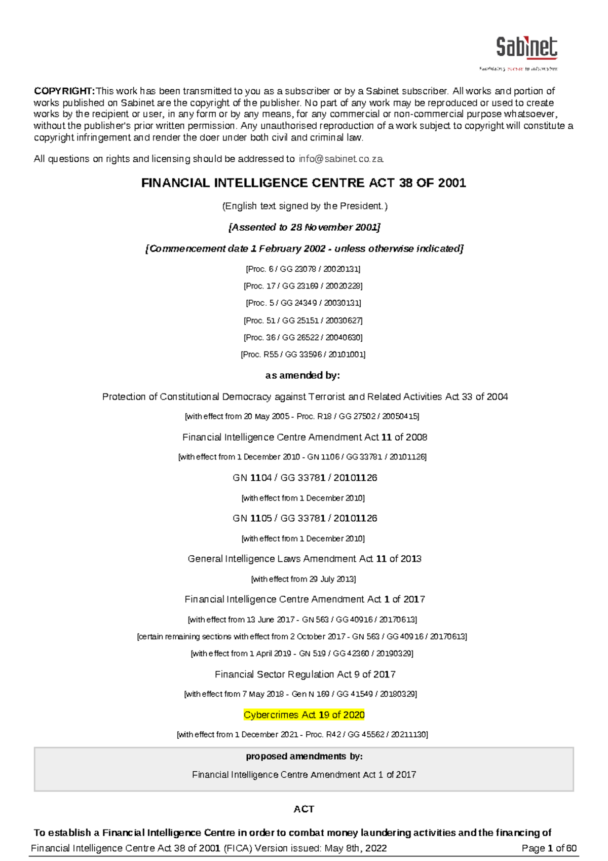 Financial intelligence centre act 38 of 2001 fica - COPYRIGHT: This ...