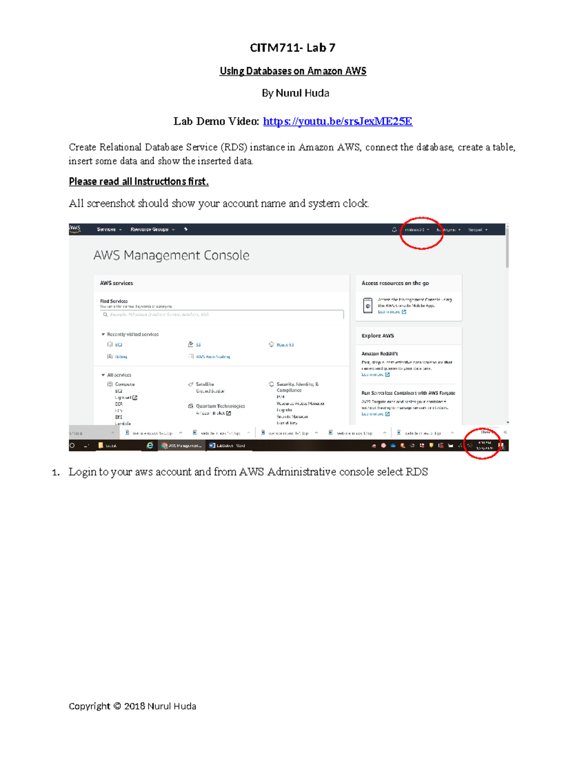 Lab7-Using Databases on Amazon AWS - Please read all instructions first. All screenshot should ...