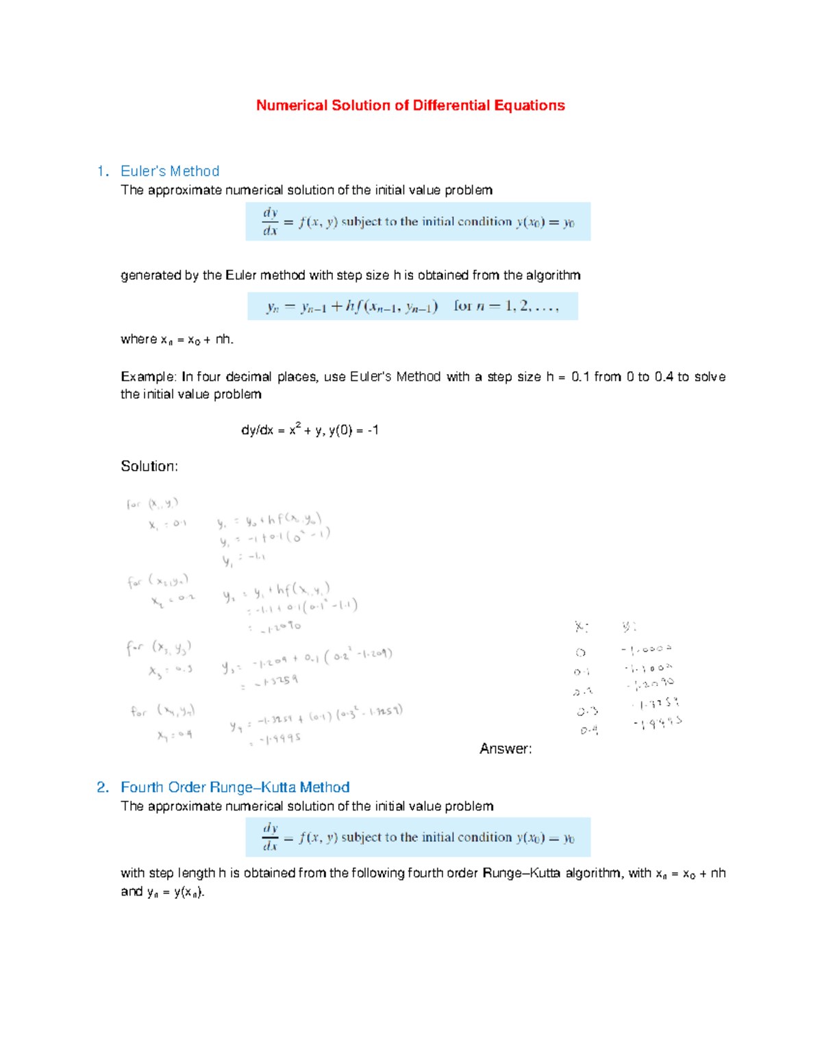 Numerical Solution of Differential Equations - Euler’s Method The ...