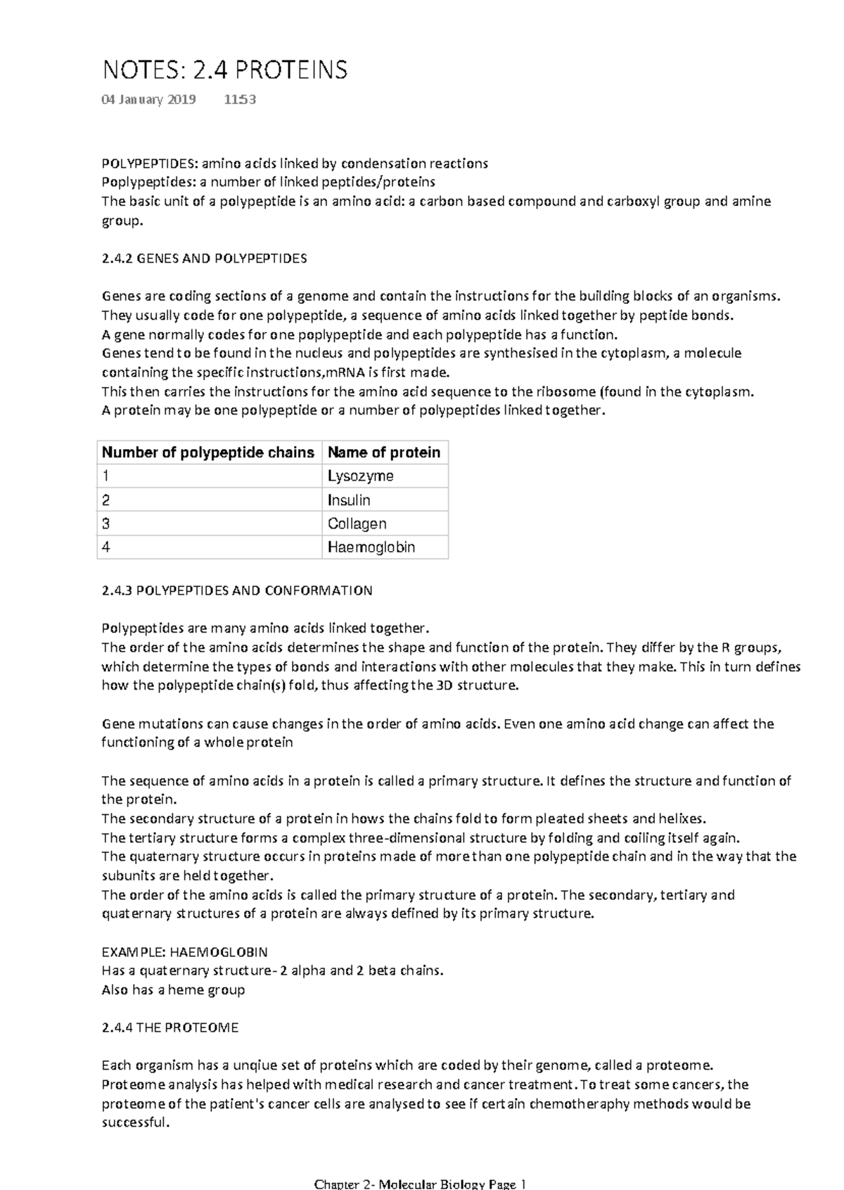 Notes 2.4 Proteins - Summary of Chapter 2.4 - POLYPEPTIDES: amino acids ...