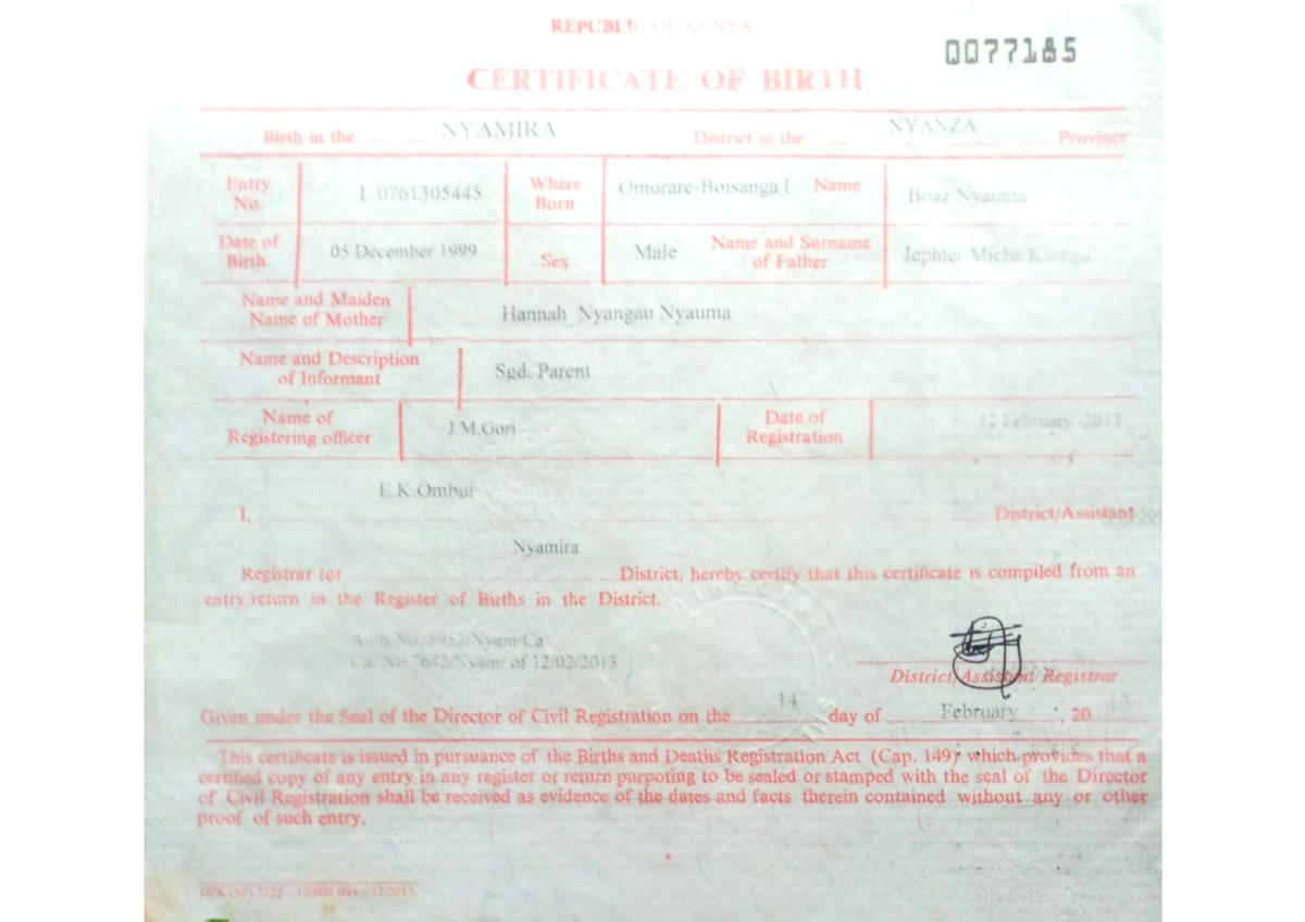 Birth certificate boaz - REPUBLIC OF KENYA 0077185 CERTIFICATE OF BIRTH ...