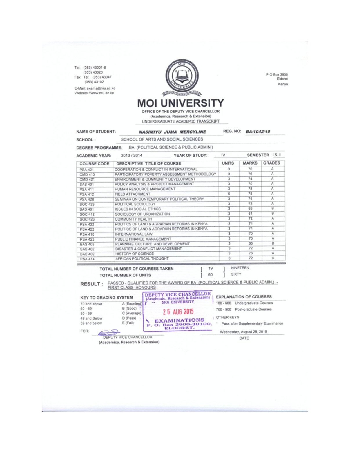 Average Score Certificate and Transcripts - MOI Tel: (053) (053) 43620 ...