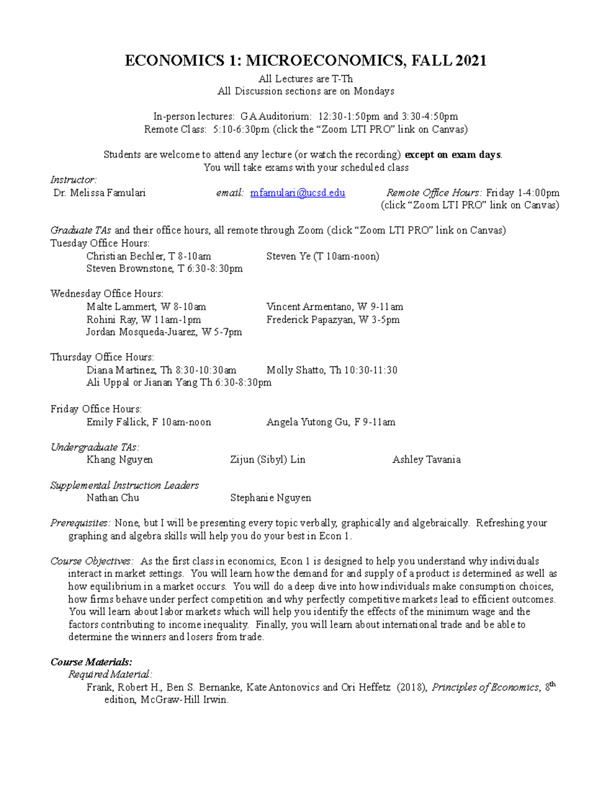 Syllabus Fall 2021 Econ 1 Famulari - ECONOMICS 1: MICROECONOMICS, FALL 2021 All Lectures are All ...