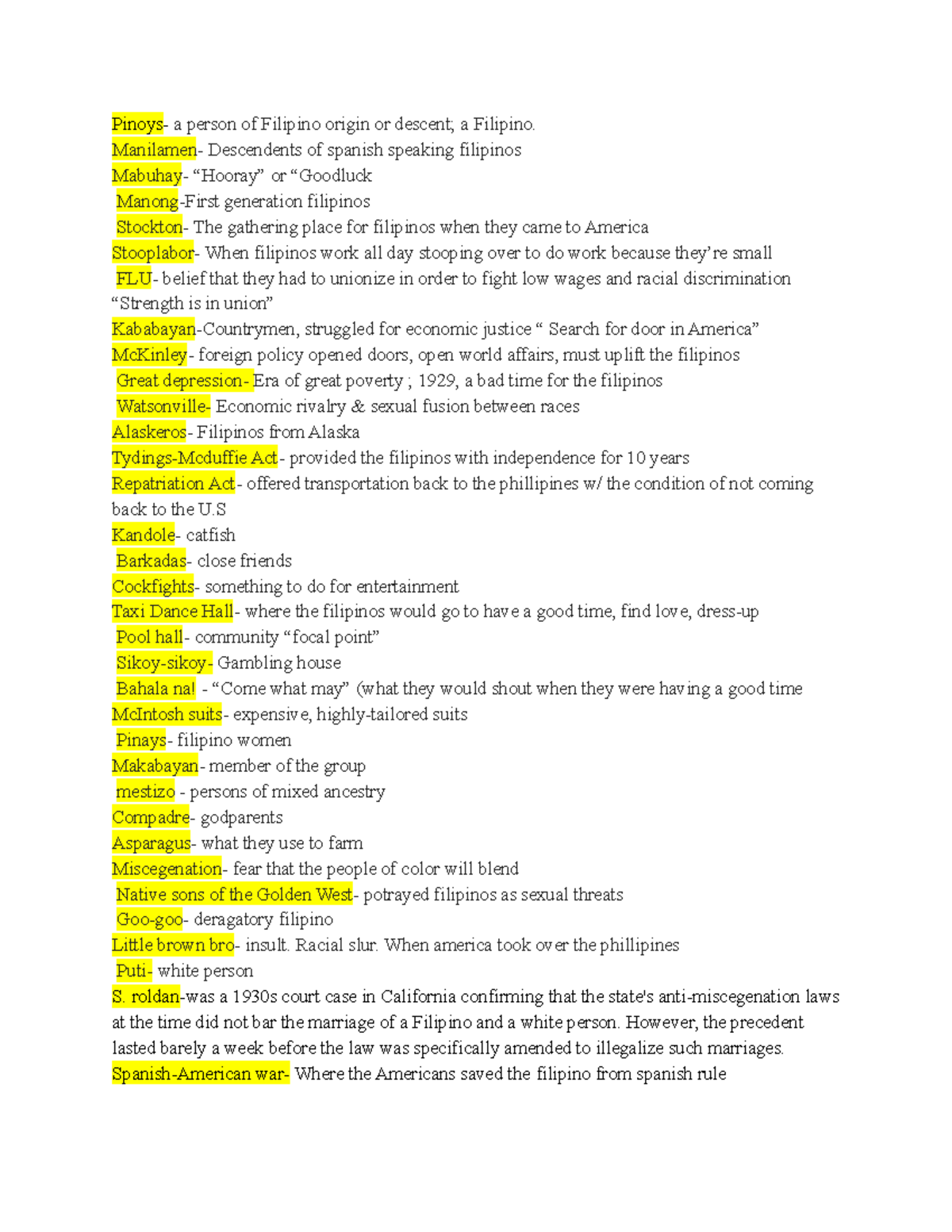 Asian American History Vocabulary Important Points - Pinoys- a person ...