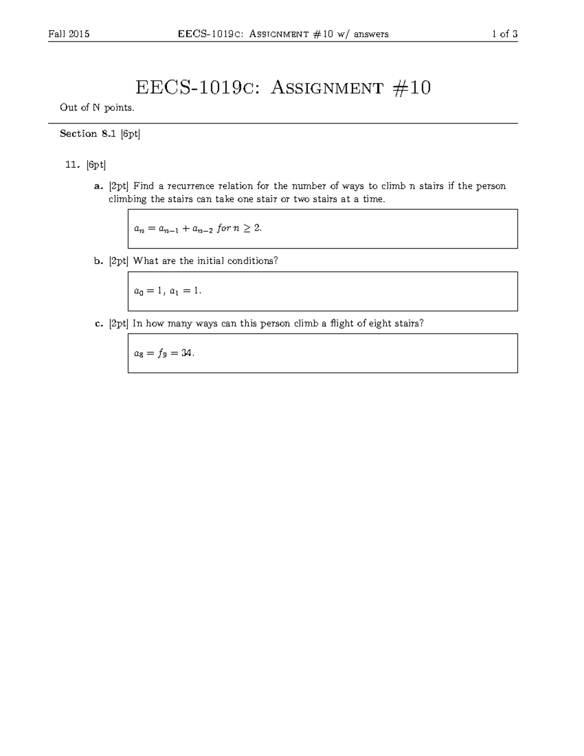 A10 - hw practice - Fall 2015 EECS-1019c: Assignment #10 w/ answers 1 of 3 EECS-1019c ...