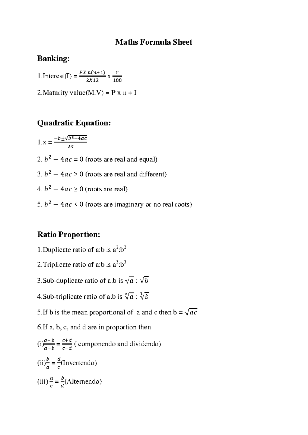 Maths Formula-10th - Last day revision - Maths Formula Sheet Banking: 1 ...