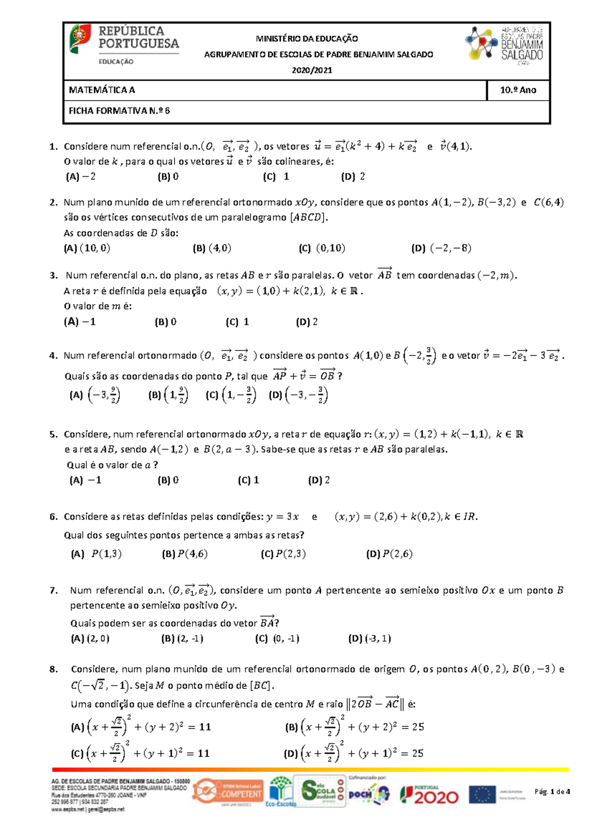 Ficha De Trabalho 10º Ano Sobre Geometria Vetorial 1 Considere Num