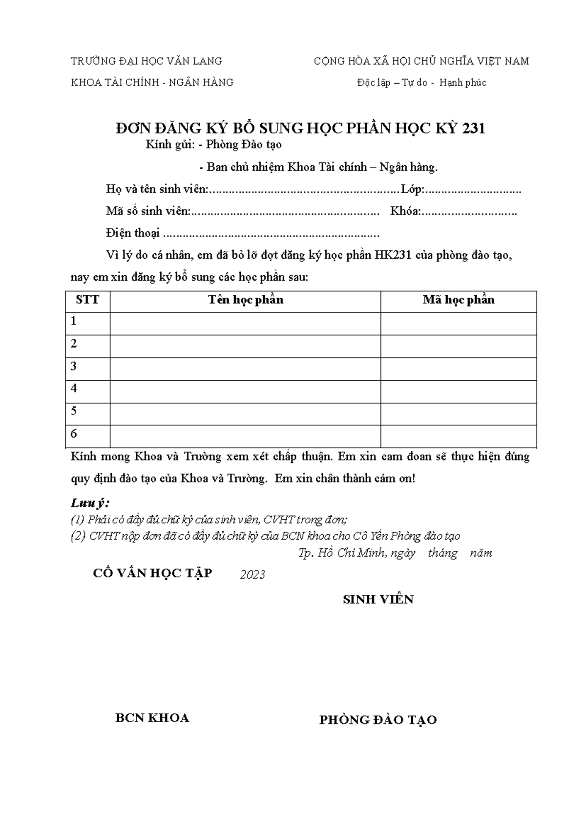 Mau don dang ky bo sung hoc phan hk 231 - TRƯỜNG ĐẠI HỌC VĂN LANG KHOA ...