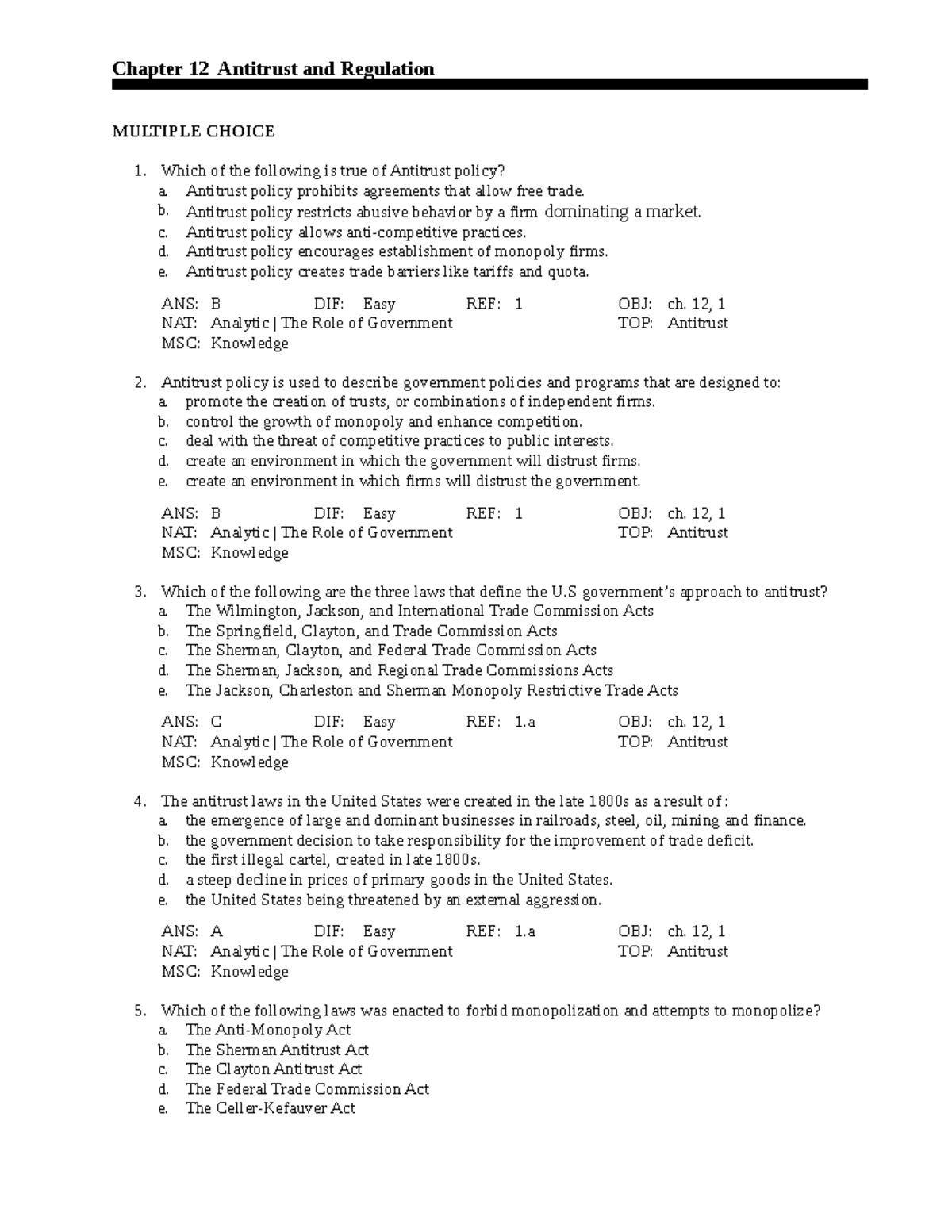 Chapter 12 Micro - M/C with answers - Chapter 12 Antitrust and ...