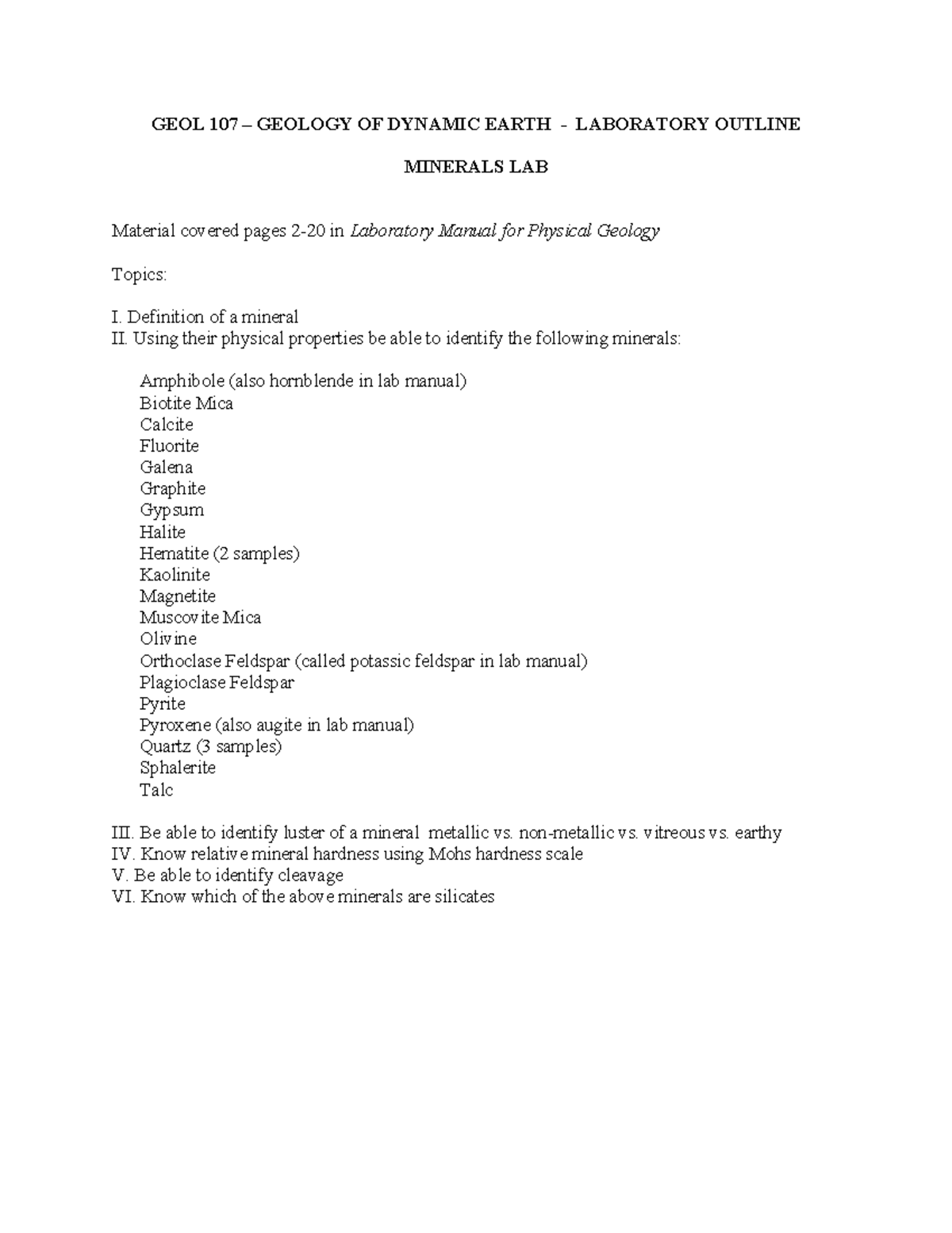 GEOL107 Lab 1 Minerals - John madsen geol 107 - GEOL 107 – GEOLOGY OF DYNAMIC EARTH - LABORATORY ...