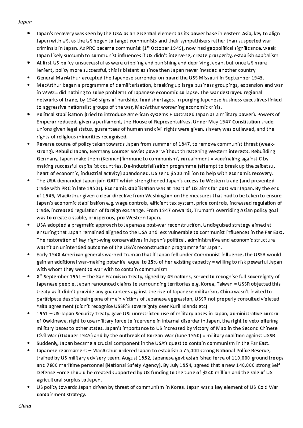 Cold War Notes - Japan Japan’s recovery was seen by the USA as an ...