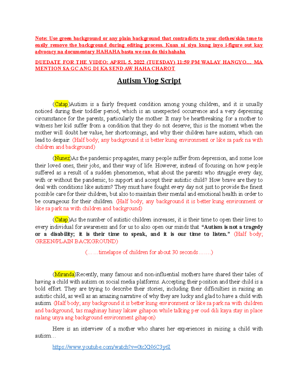 Autism Vlog Script with names - Note: Use green background or any plain ...