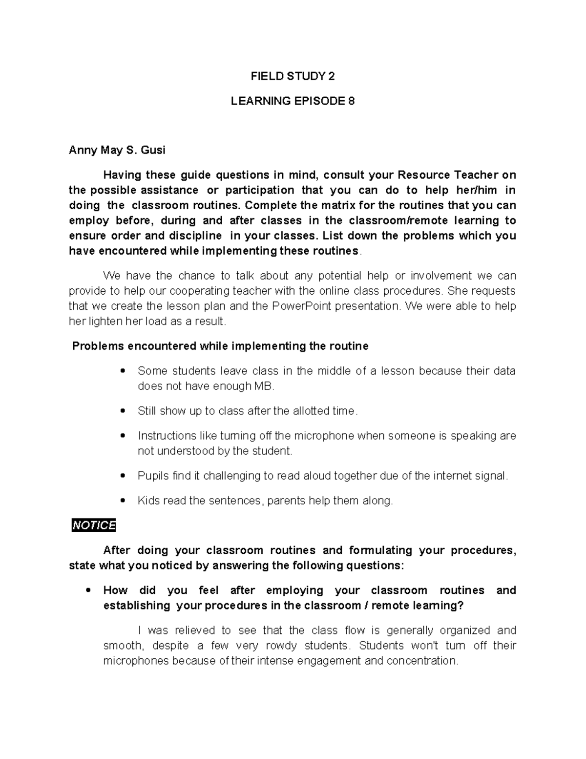 Learning episode 8 - None - FIELD STUDY 2 LEARNING EPISODE 8 Anny May S ...