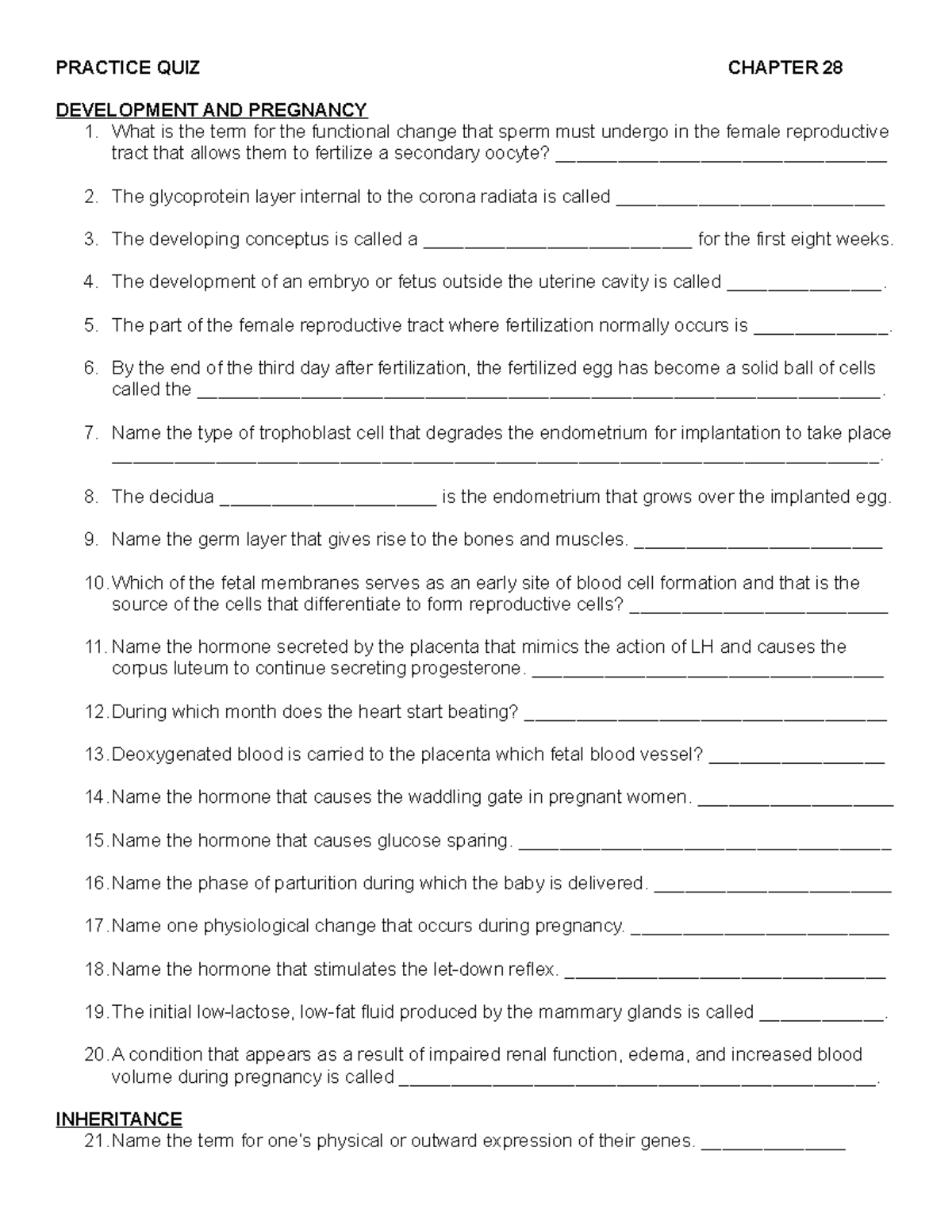 Practice Quiz 28 - PRACTICE QUIZ CHAPTER 28 DEVELOPMENT AND PREGNANCY ...