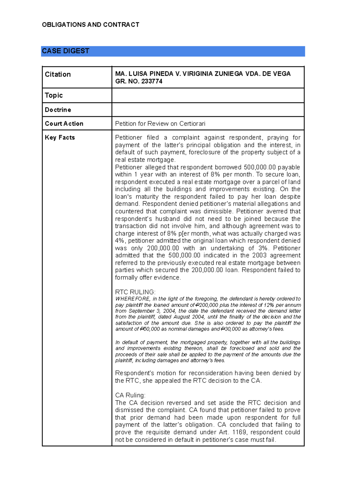 Digest Format - OBLIGATIONS AND CONTRACT CASE DIGEST Citation MA. LUISA ...
