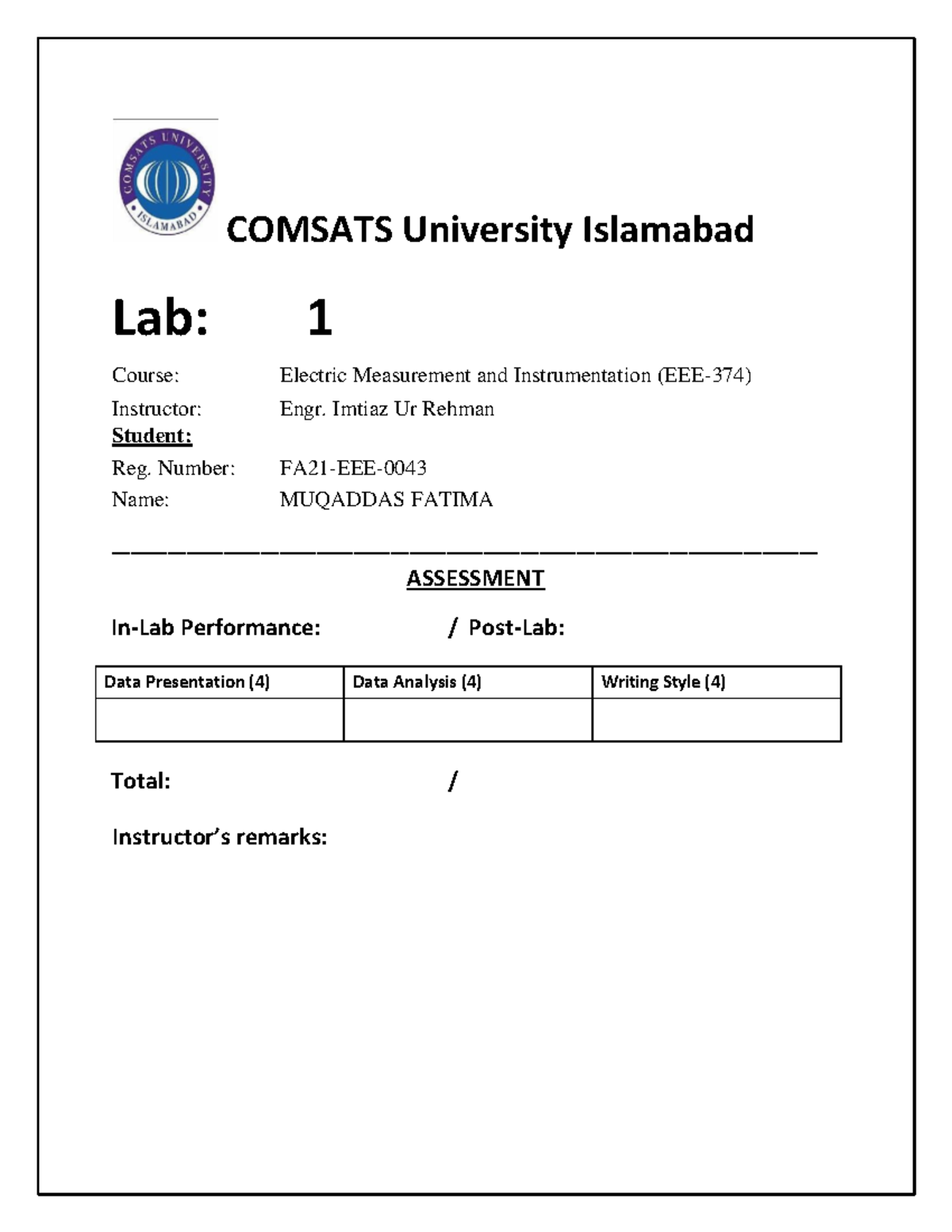 FA21-EEE-043 (LAB 1 - Lab 1 - COMSATS University Islamabad Lab: 1 ...