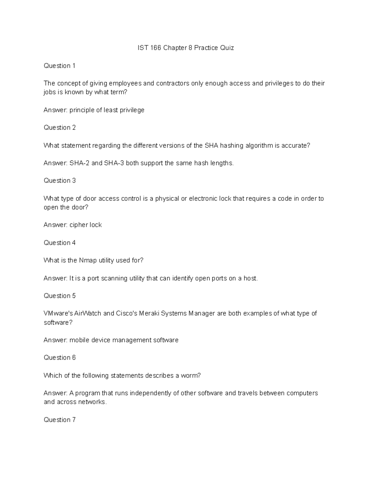 IST 166 Chapter 8 Quiz - Module 8 Practice Problems - IST 166 Chapter 8 Practice Quiz Question 1 ...