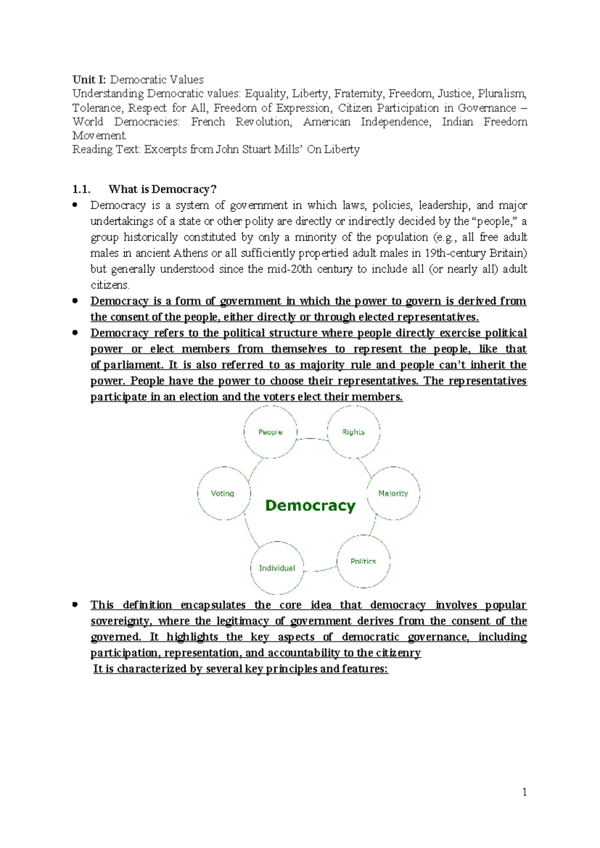 Unit I-Democratic Values - Unit I: Democratic Values Understanding ...