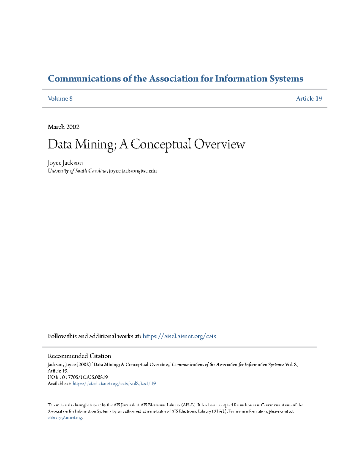 Data Mining; A Conceptual Overview - Communications of the Association for Information Systems ...