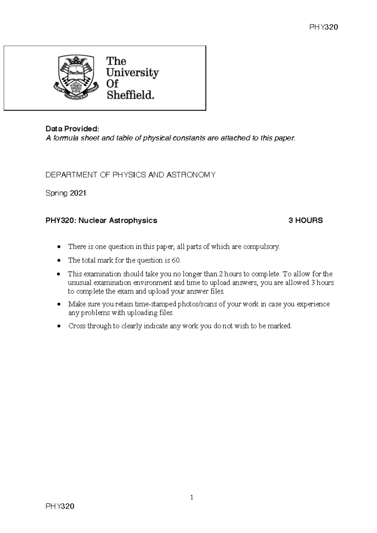 PHY320 20 21 Past Paper PHY 1 PHY Data Provided A Formula Sheet