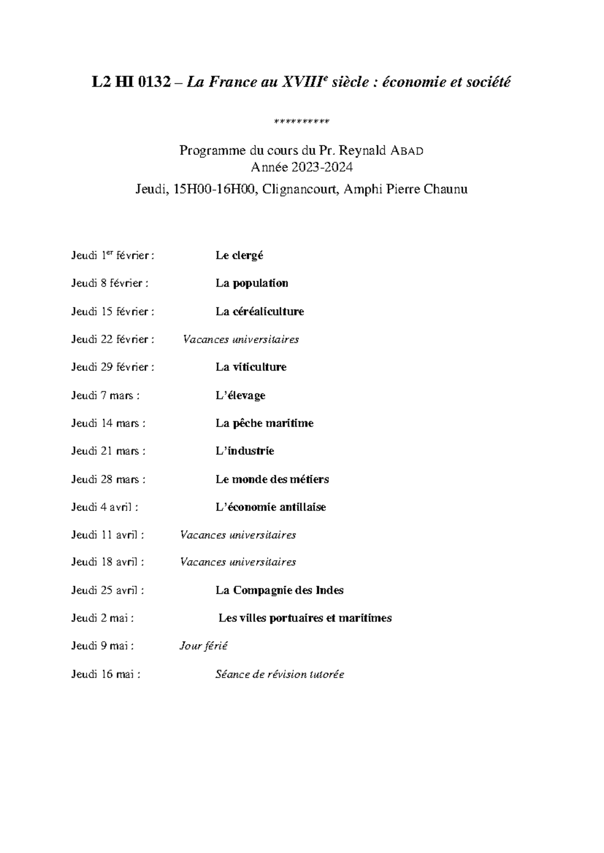 Prog 23-24 S2 - plan du cours au S2 - L 2 HI 0132 – La France au XVIII e siècle : économie et ...