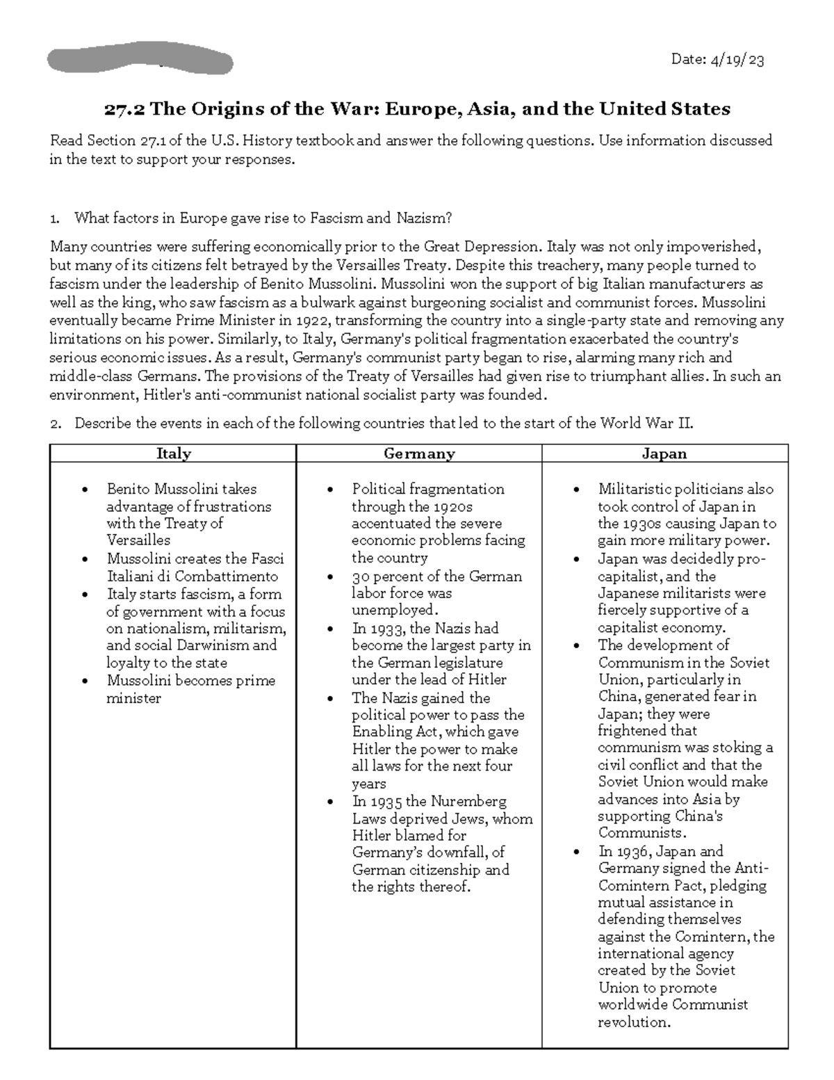 Origins of WWII Questions - Name: Alex Spendlove Date: 4/19/ 27 The ...