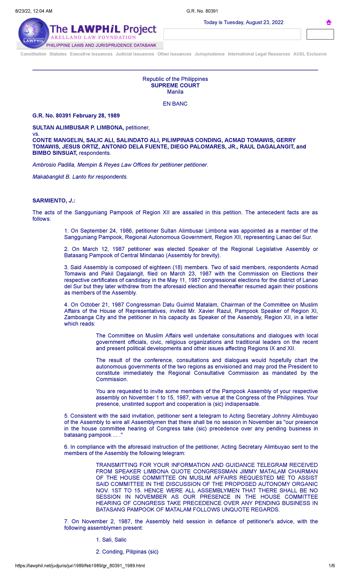 02 Limbona v. Mangelin - Constitution Statutes Executive Issuances ...