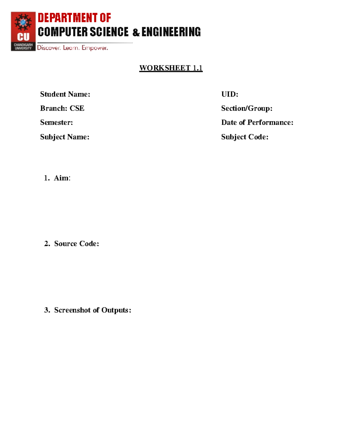 Worksheet Template - B.tech CSE - DEPARTMENT OF COMPUTER SCIENCE & ENGINEERING WORKSHEET 1 ...