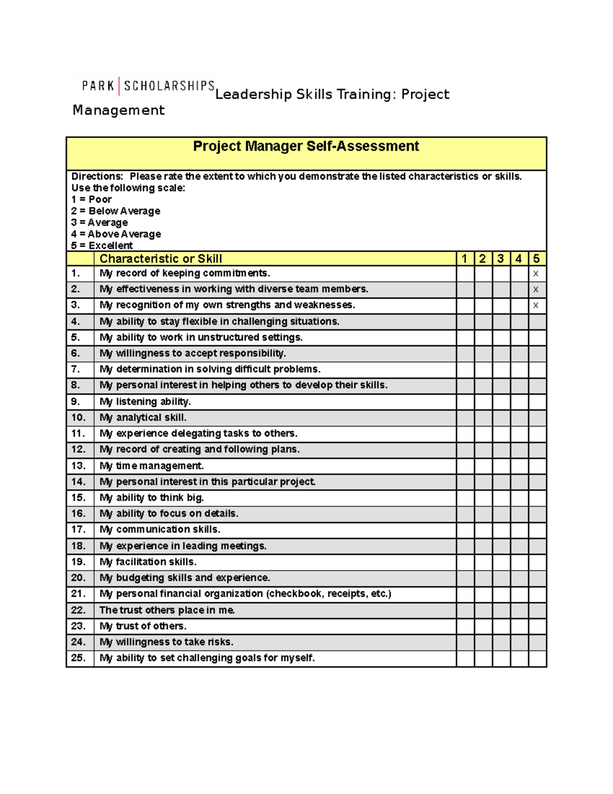 Worksheet Project Manager Self-Assessment - Leadership Skills Training ...