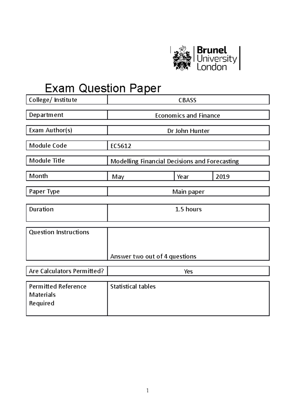 EC5612 May 2019 - final may exam paper - Exam Question Paper College ...