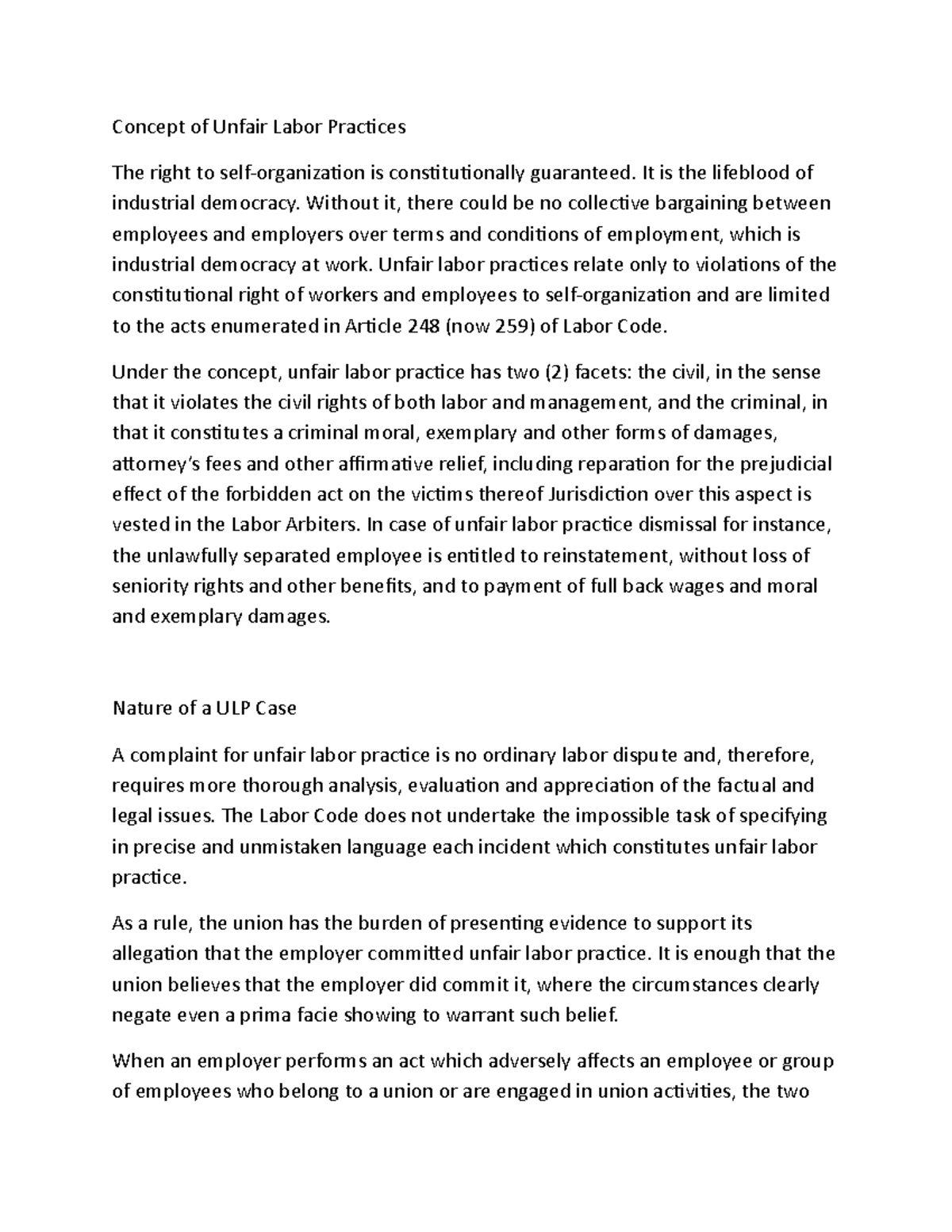 Labor 3 - Notes - Concept of Unfair Labor Practices The right to self ...