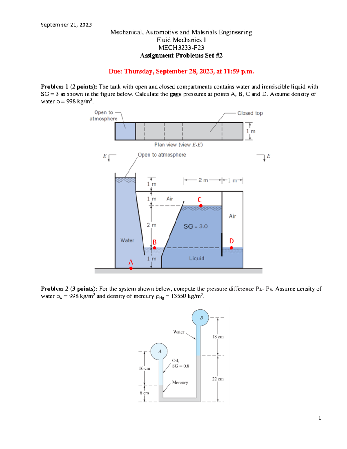 Assignment#2 problems - September 21, 2023 1 Mechanical, Automotive and ...