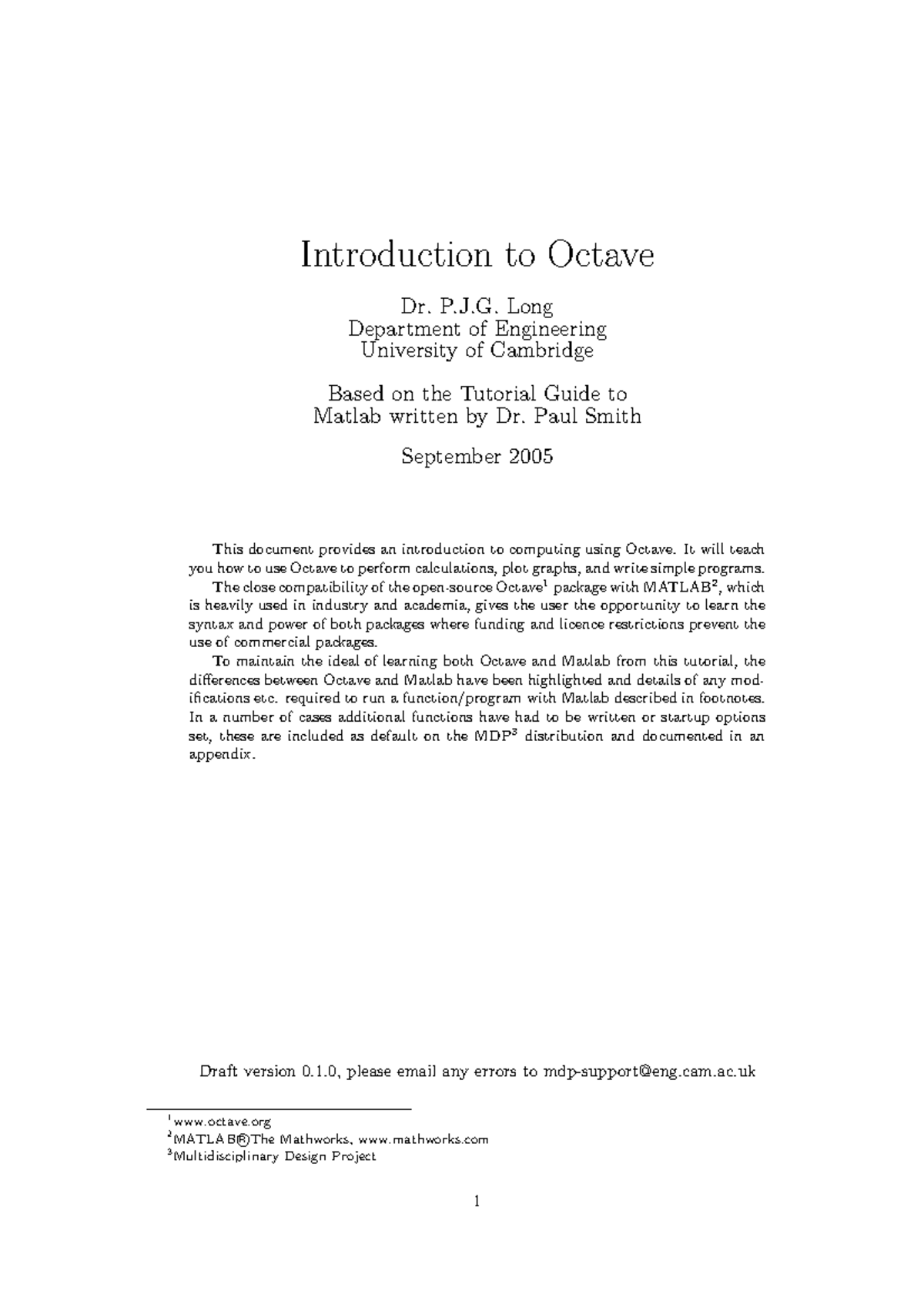 Introduction-to-Octave - Introduction to Octave Dr. P.J. Long Department of Engineering ...