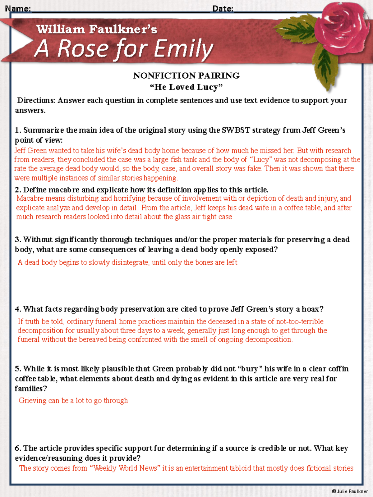 Nonfiction Pairing - A Rose for Emily - Directions: Answer each ...